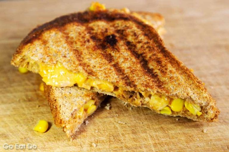 An artfully stacked, diagonally sliced grilled cheese sandwich | Go Eat Do