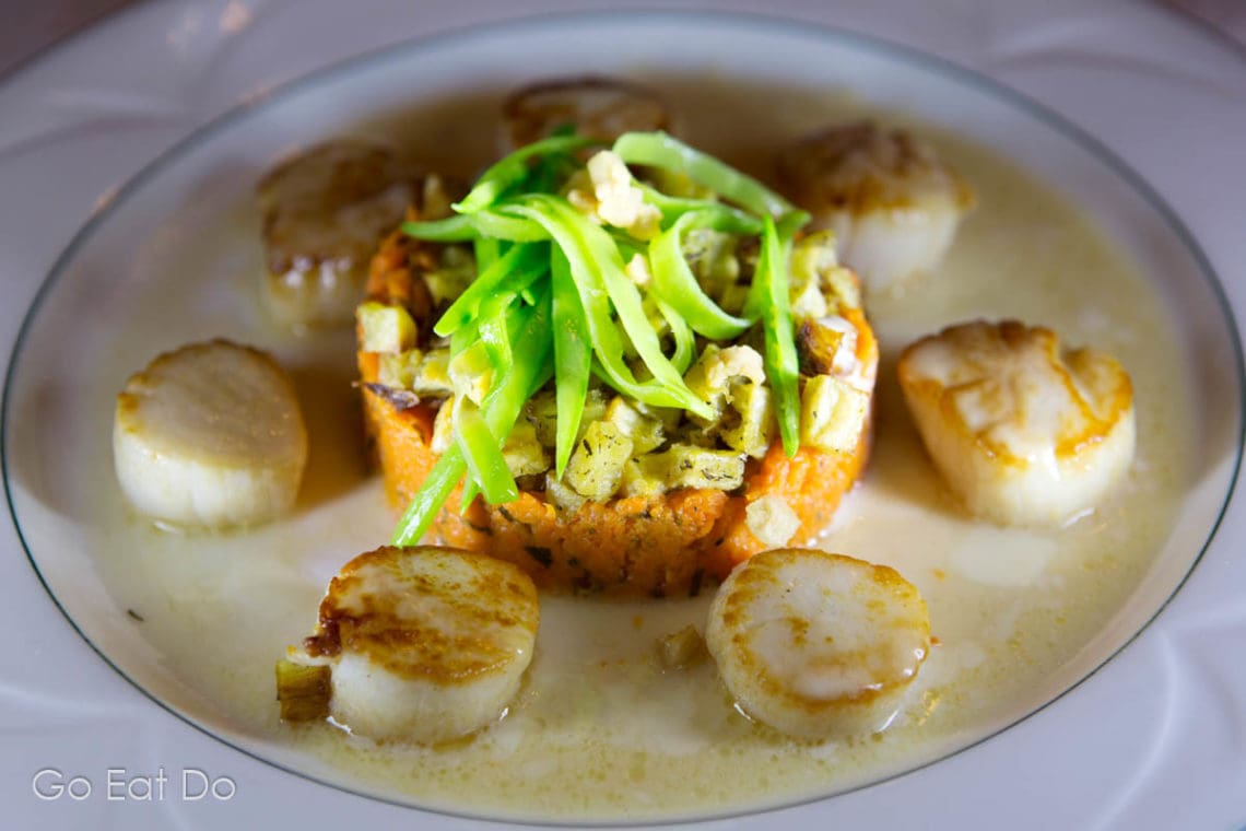 Baked Digby scallops served with pasta and a creamy sauce at a ...