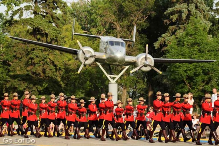Mounties marching during the Sunset Retreat Ceremony at the Royal ...