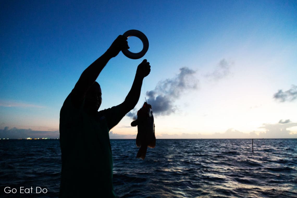 A fisherman holds up a fish caught using a line and reel on a night ...